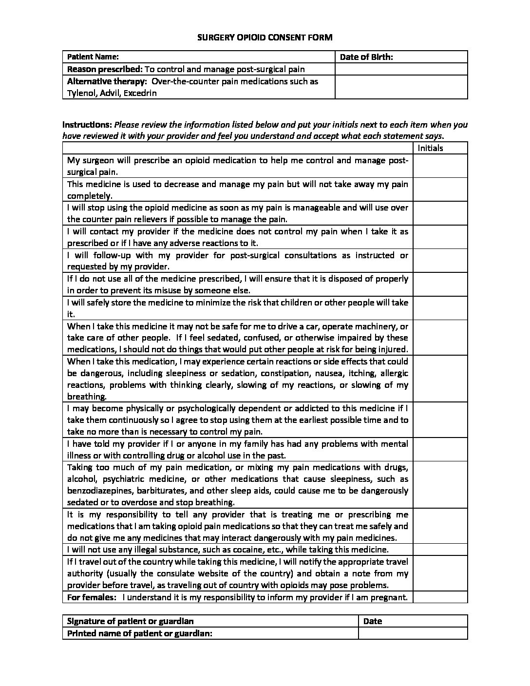 Surgery Consent Form